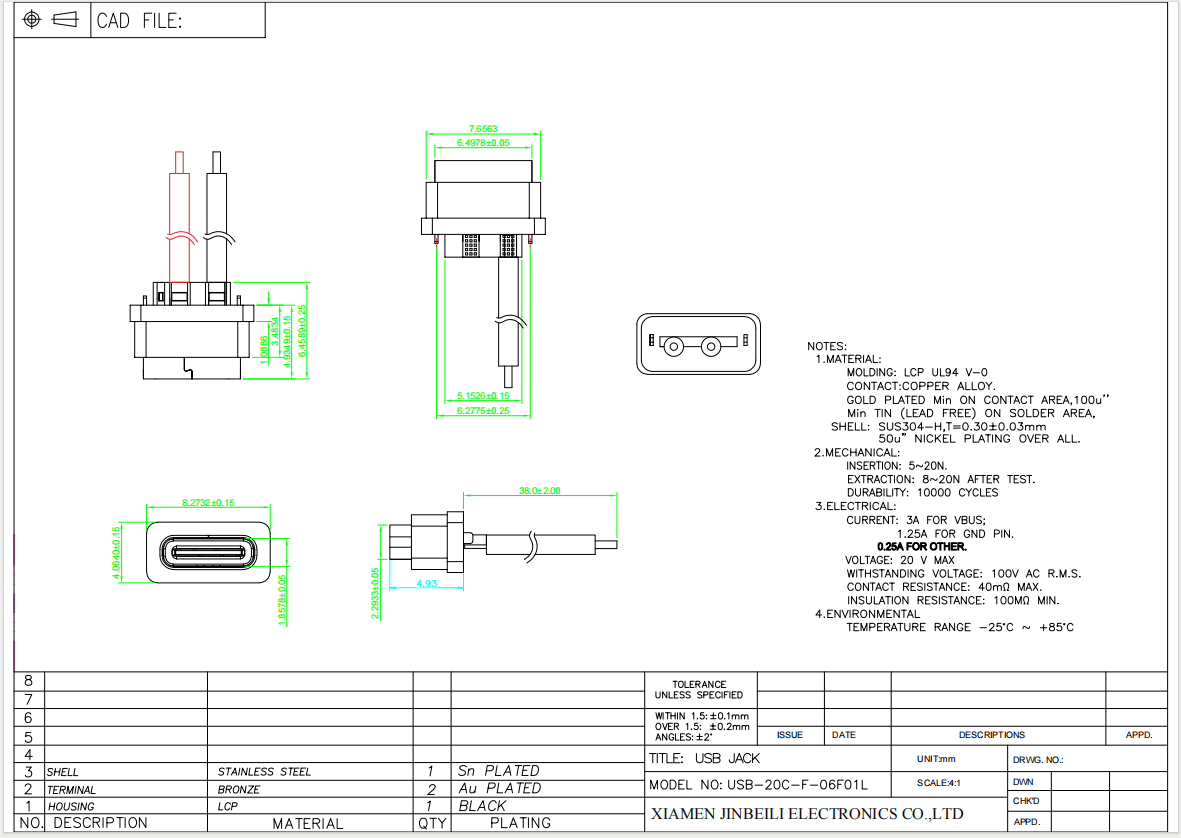 USB-20C-F-06F01L Panel Cutout USB Type C Receptacle Free Hanging In ...