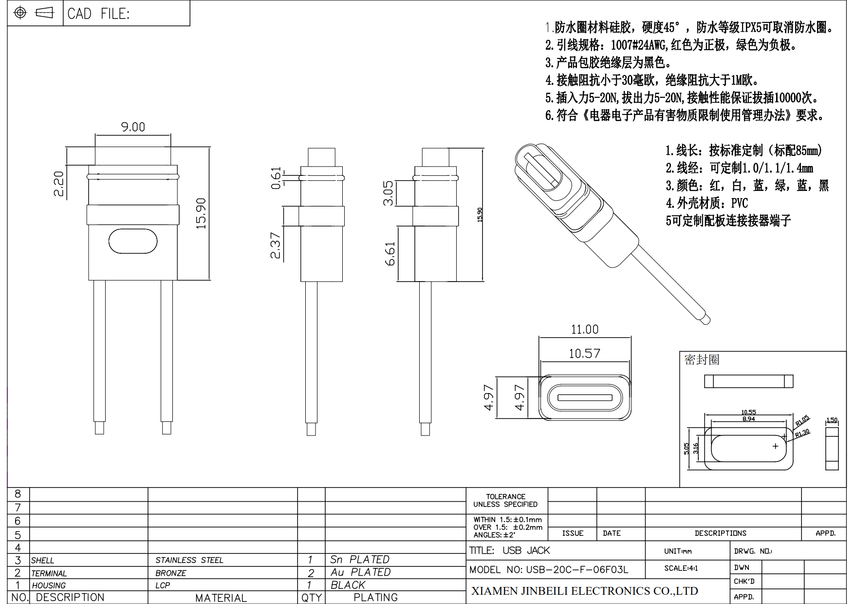 USB-20C-F-06F03L IPX5 Waterproof USB 2.0 Type C Receptacle Panel Cutout ...