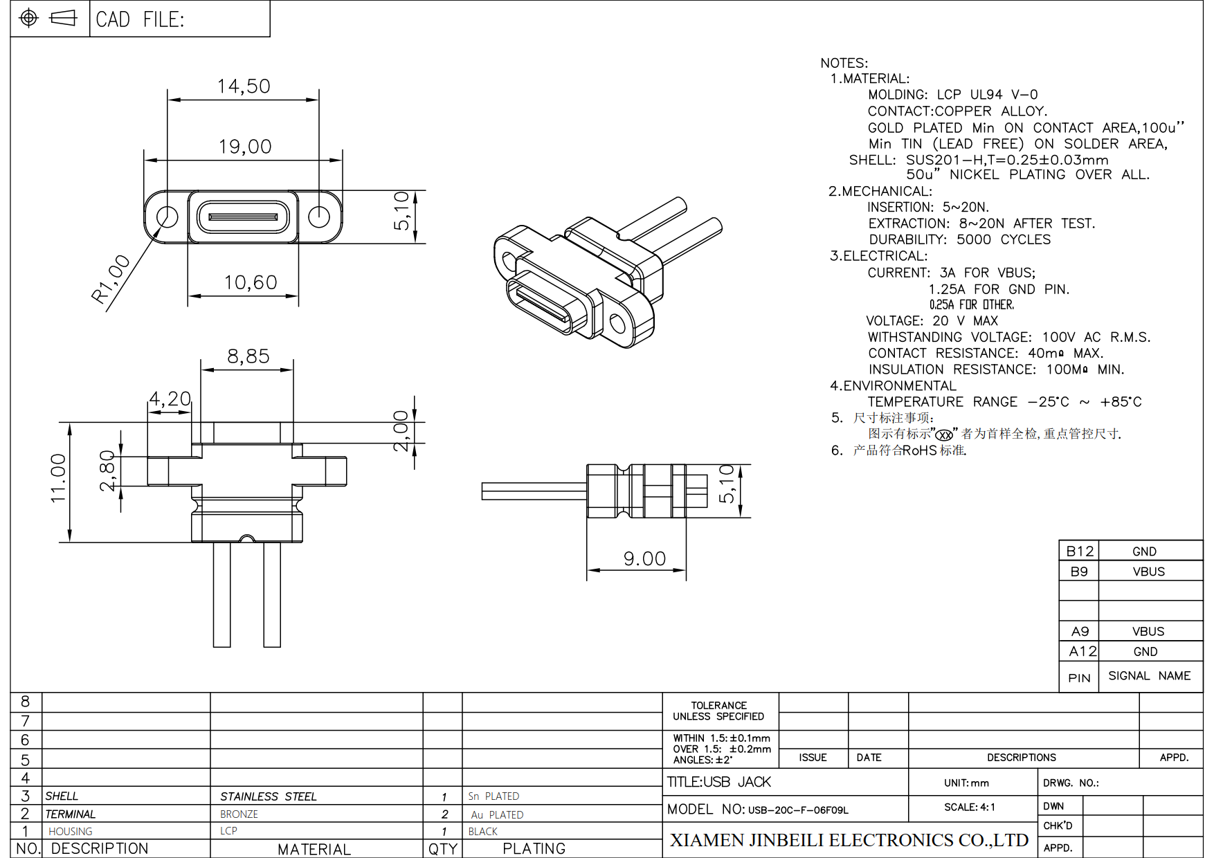 USB-20C-F-06F12L-4P USB type C female connector With wires 2pin Screw ...